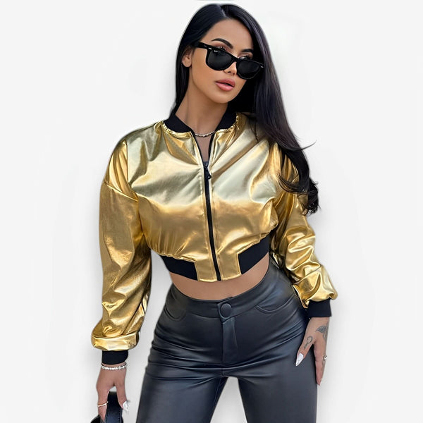 Shimmering Metallic Zipper Short Jacket - Stand Out in Style – The ...